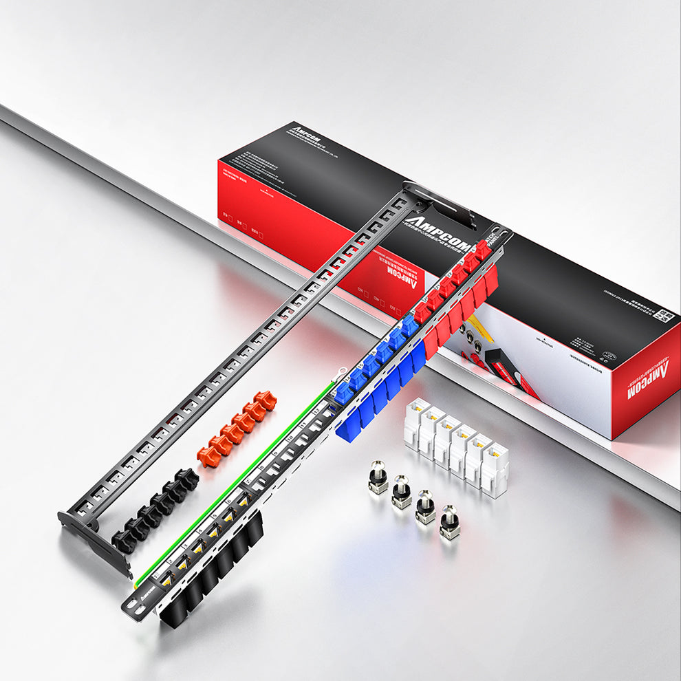 AMPCOM 0.5U 24-Port Unshielded Pass-Through Patch Panel - 19-inch Rack Mount with Cable ...