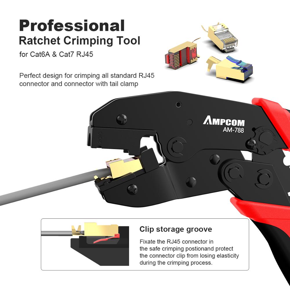 AM-788 One-step RJ45 Ratcheting Crimper Network Tool for Cat6A, Cat7 S – AMPCOM